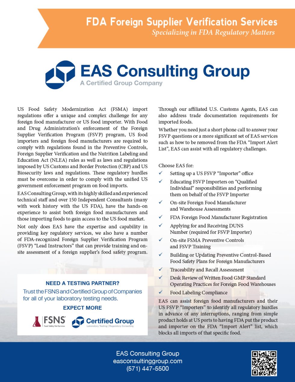 Foreign Supplier Verification Program (FSVP) Services - EAS Consulting ...